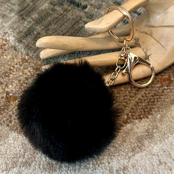 Accessories | New Bag Charm Key Chain Black Faux Fur Puff Ball Gold ...